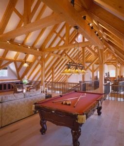 Timber frame recreation room with pool table - Houses and Barns